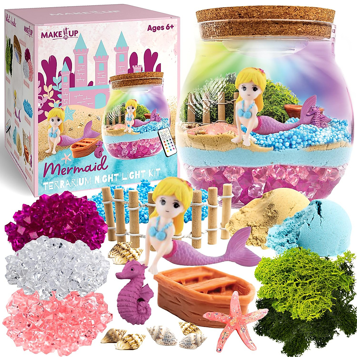 Mermaid Light Up Terrarium Kit for Kids I DIY Mermaid Toys Craft Kits for Kids I Night Light for Kids Crystal Growing Kit I Terrarium Jar for Kids I Birthday Gifts for Girls Age 4-12