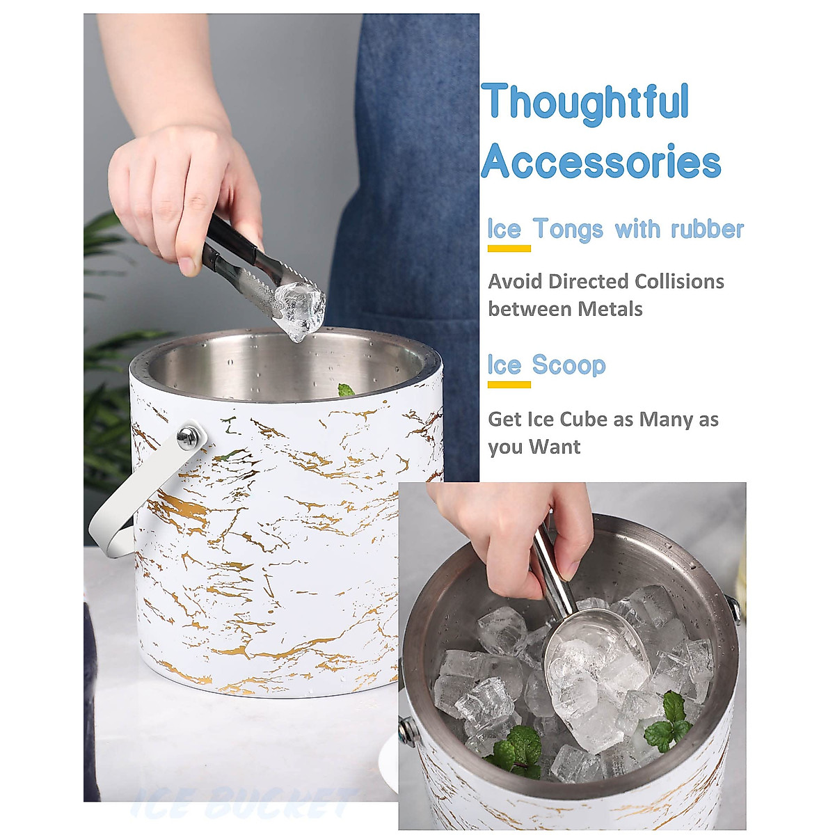 AYOTEE Ice Bucket with Lid,Scoop,Tongs,Strainer and Handle-Stainless Steel Insulated Ice Bucket Keeps Ice Cold & Dry, Great for Home, Party, Bar, Chilling Beer, Cocktail, Champagne and Wine Bottle-3L