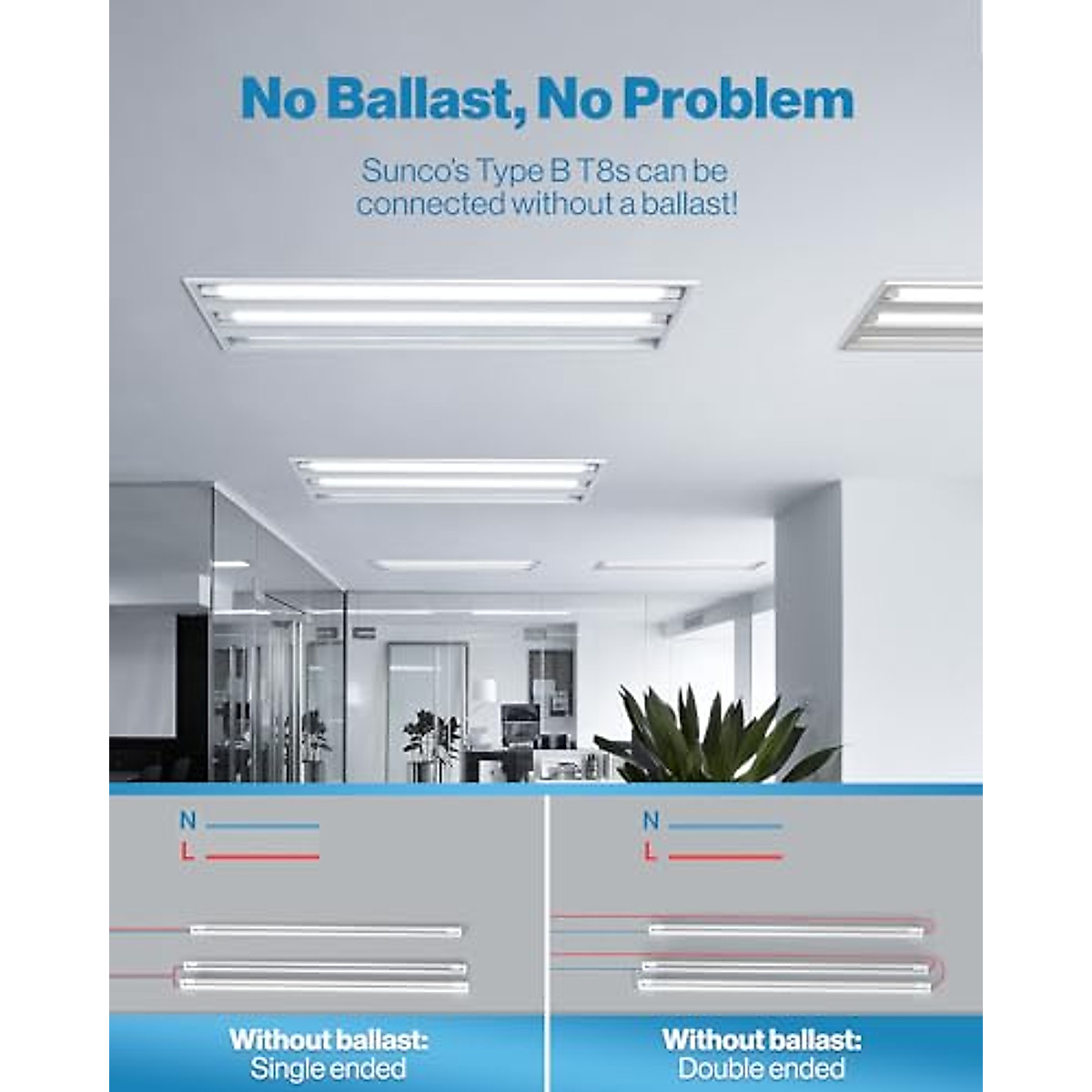 Sunco 10 Pack T8 LED Tubes 4FT Fluorescent Replacement, 48 Inch, 18W, 2200LM, 6000K Daylight Deluxe, Single Ended Power, Type B, Ballast Bypass, Frosted Lens UL