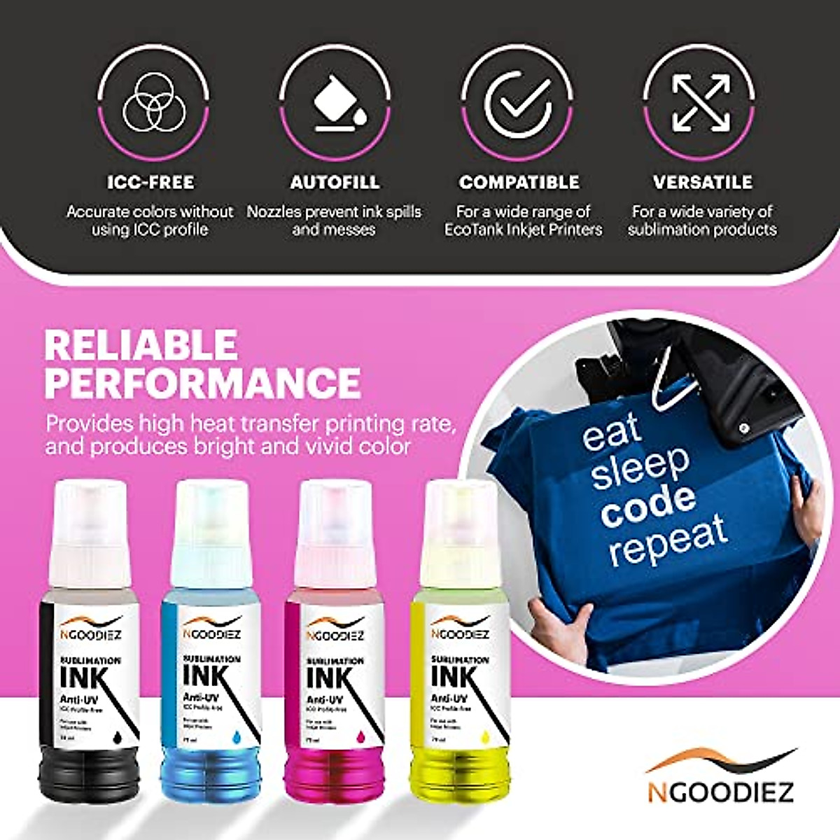 NGOODIEZ Sublimation Ink for Epson All Ecotank, Supertank Inkjet Printers Autofill, ICC-Free, Anti-UV and Fade Resistance - Conversion Kit/Refill ET2720 2803 4800 7720-4x70 ml (1 B, 1 C, 1 M, 1 Y)