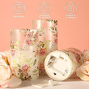 PETRISTRIKE Pink Flameless Candles with Remote & Timer, Flickering Glass Tumbler Candles, Love Themed Decor Battery Led Pillar Candles, Floral Rose Table Ornaments for Mother Gifts,Valentine's Day