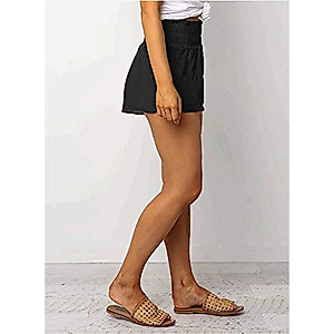 Dokotoo Womens Ladies Casual Soft High Waisted Linen Shorts for Women Trendy for Summer Comfy Elastic Waist Summer Beach Cruise Travel Resort Wear Vacation Outfits Short Pants Solid Black Medium