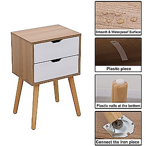 vipace Set of 2 Nightstand,Mid-Century End Side Table with 2 Drawer and Solid Wood Legs, Bedside Table for Bedrooms, Modern Storage Cabinet for Living Room Furniture (Natural)