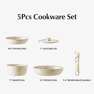 Redchef Ceramic Pots and Pans Set Non Stick, Nonstick Kitchen Cookware Sets, Non Toxic Pots and Pans Set Non Stick, PFAS PFOA & PTFE Free, Detachable Handle Pots and Pans 5 Piece, RV Cookware (Beige)