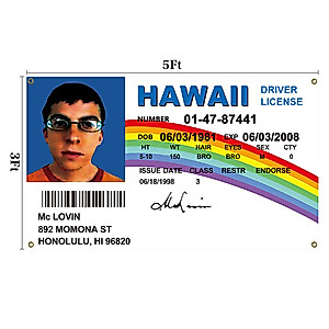 McLovin ID Flag 3x5Ft Fake Driver License Banner 3x5 Ft Funny Poster UV Resistance Fading & Durable Man Cave Wall Flag with Brass Grommets for College Dorm Room Decor,Outdoor And indoor
