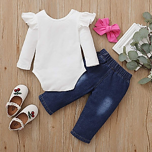 Baby Girls One Year Old Birthday Clothes Denim Jeans Outfits with Headband (White-Long,12-18 Months)