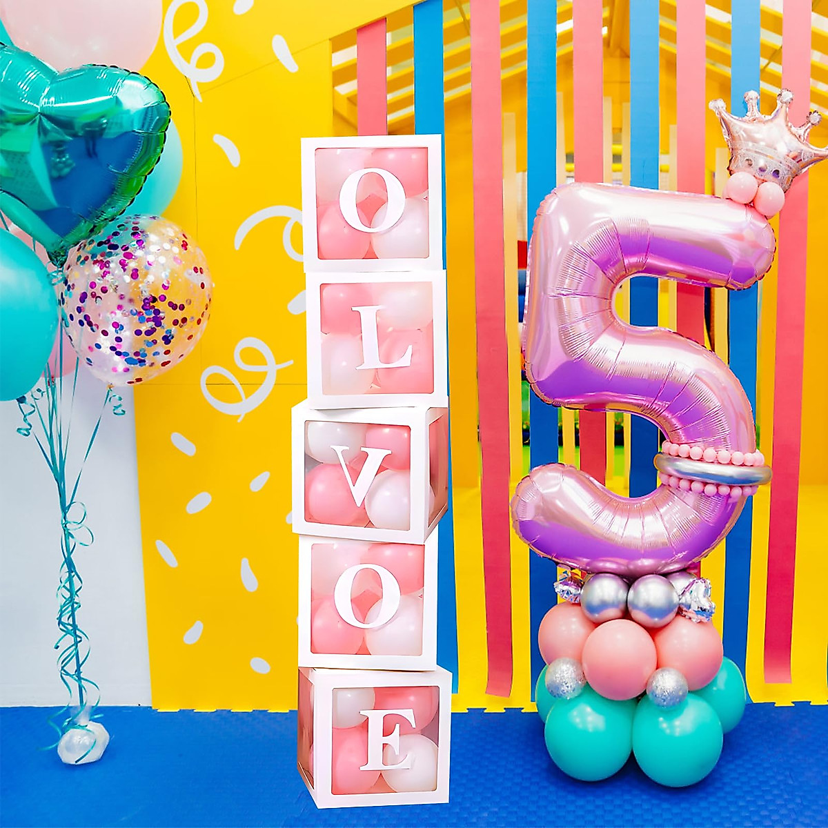 Thickened 5 PCs White Transparent Balloon Boxes with 78 Letters & Numbers for Custom Name,Clear Baby Boxes Love Balloon Box for Baby Shower,Gender Reveal, Bridal Shower & Birthday Party,Prom Boxes