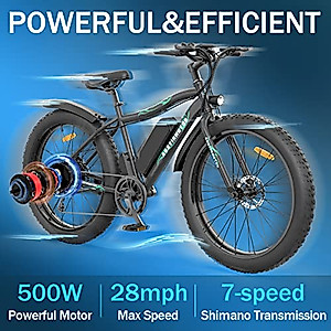 aostirmotor Electric Bike 500W 36V 13Ah Ebike, 26x4.0 inch Fat Tire Ebike, Electric Mountain Bike，Electric Bike for Adults