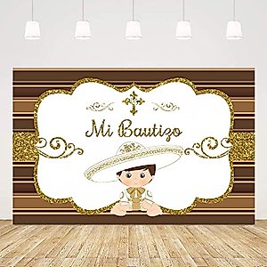 Mi Bautizo Baptism Backdrop,Mexican Hat Boy Gold Dots Brown Stripes Baby Shower Spanish Themed Party Decorations Supplies for Photography Background 5x3ft Banner Photo Booth