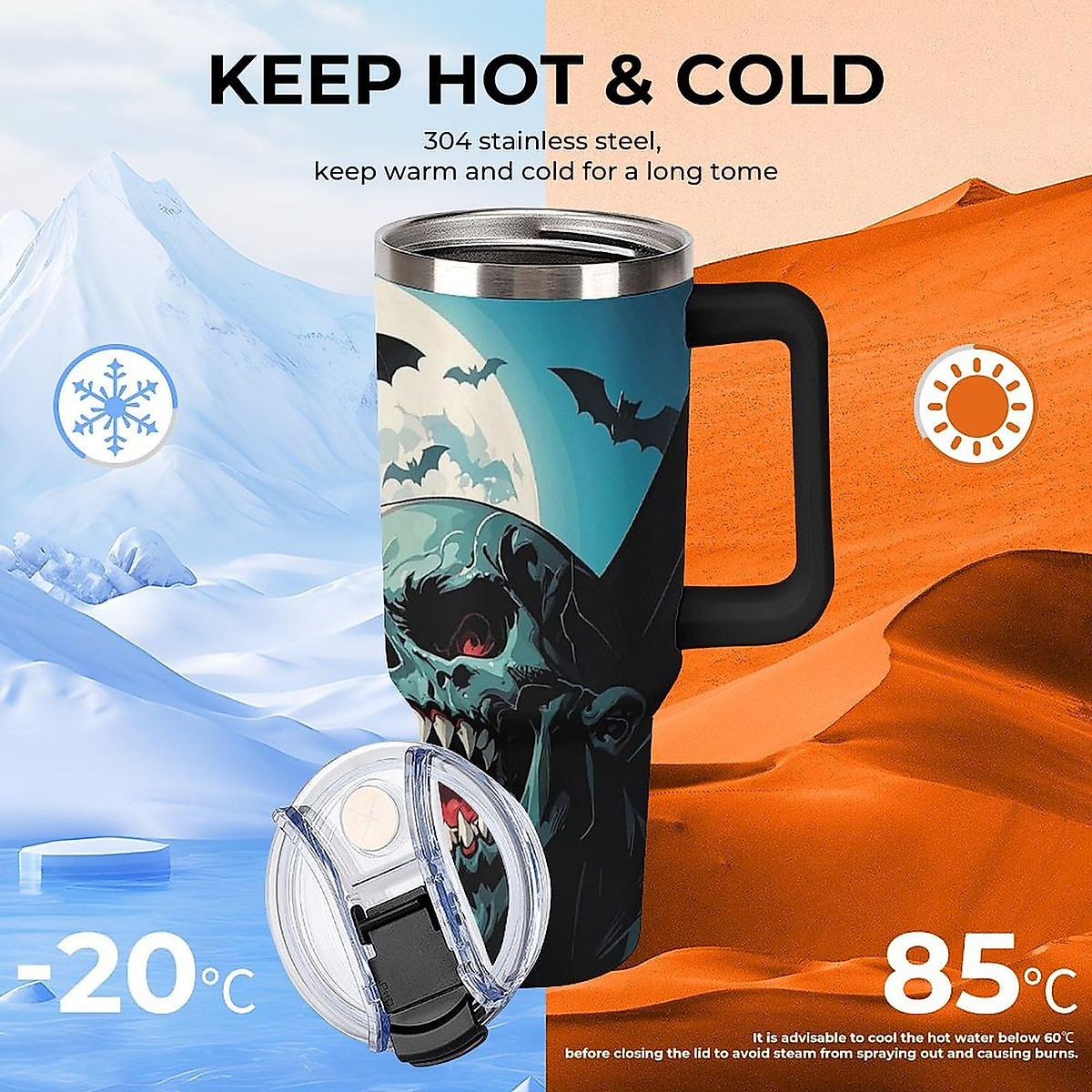 QWJKM Vampire Fangs Tumbler with Handle Large Insulated Car Cup 40 OZ Stainless Steel Travel Mug Leak Proof Water Bottle with Lid And Straw for Car Home Office Gifts