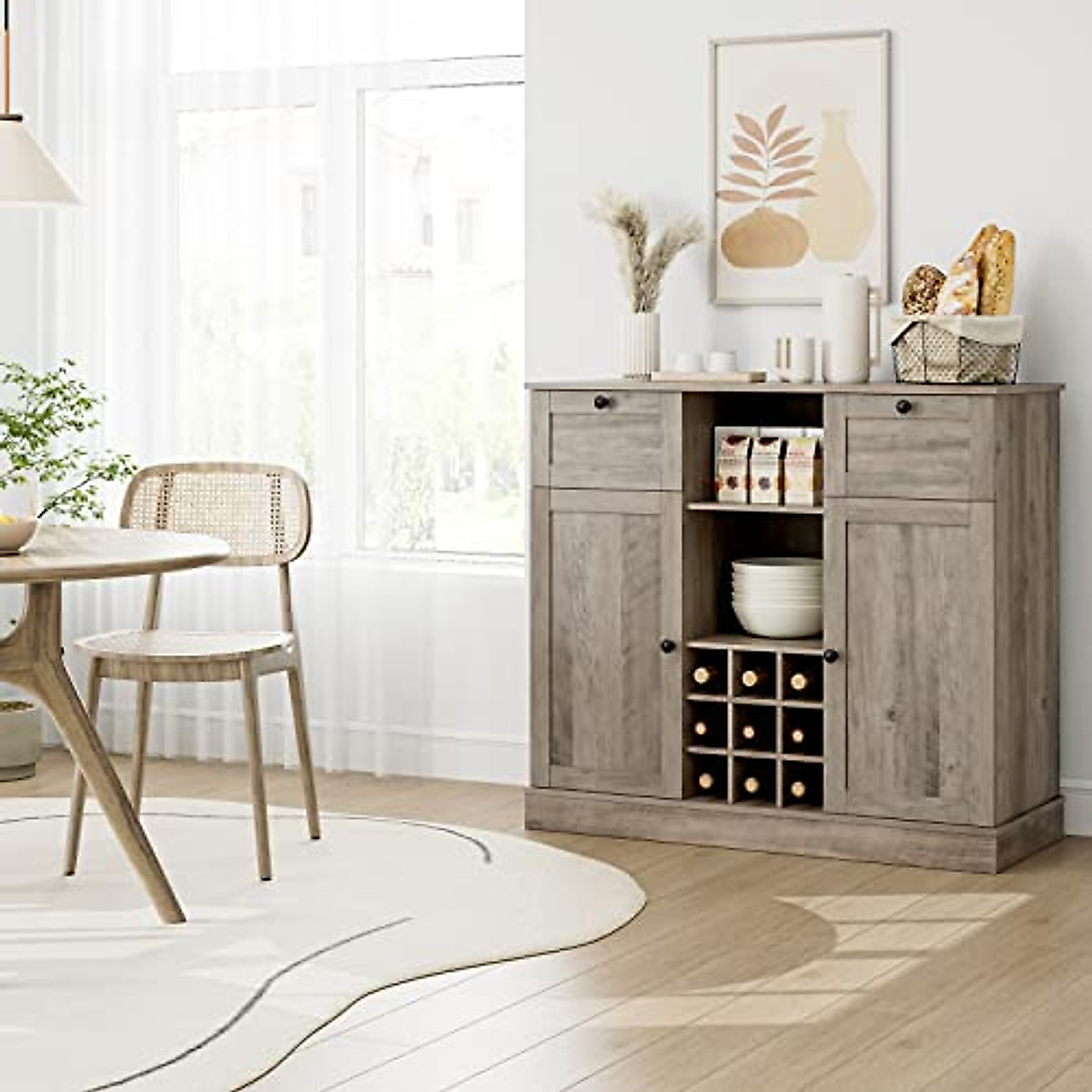 HOSTACK Buffet Sideboard Cabinet, Wine Bar Cabinet with Drawers and Removable Wine Rack, Coffee Bar Storage Cabinet with Shelves for Kitchen, Dining Room, Living Room, Ash Grey