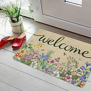 Ghroiep Welcome Floral Decor Doormat, Home Spring Summer Flower Front Door Mats, Indoor Outdoor Non Slip Reusable Entrance Rug 17"x30"