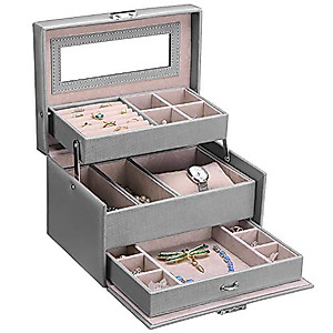 BEWISHOME Jewelry Box Organizer Jewelry Boxes for Women Girls Jewelry Organizer with Lock Mirror Jewelry Storage Case Holder Portable Travel Case Grey SSH77H