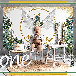 Remagr God Bless Backdrop First Communion Baptism Christening Party Decorations Banner Green Leaves Newborn Baby Shower Photography Background Favors Supplies Photo Booth, 71 x 43 in, One Size