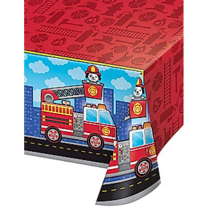 Creative Converting TABLECOVER All Over Print, 54" X 102" Flaming Fire Truck Design Plastic Tablecloth, One Size, Multicolor