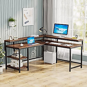 Tribesigns L Shaped Desk with Power Outlets, Reversible Corner Computer Desk with Monitor Stand and Storage Shelves, Home Office Gaming L Desk with USB Port, Brown