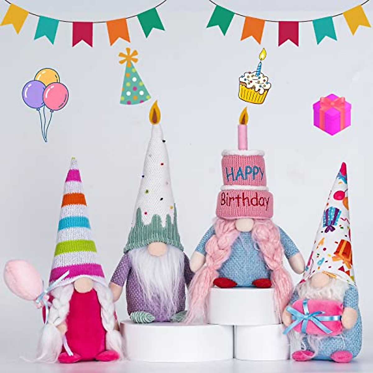 unanscre Birthday Gnomes Plush Elf Decoration - 4PCS Happy Birthday Handmade Swedish Tomte Dolls, Cute Scandinavian Gnomes for Home Farmhouse Table Ornament, Party Favor Gifts, Tiered Tray Decor