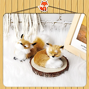 Simulation Fox Toy 2 Piece Fur Fox Model Stuffed Fox Ornament Static Action Figures Fox Squatting Sleeping Plush Mini Fox for Home Office Bag Decoration 5.5 x 2.76 Inch, 3.15 x 2.36 Inch (Brown)