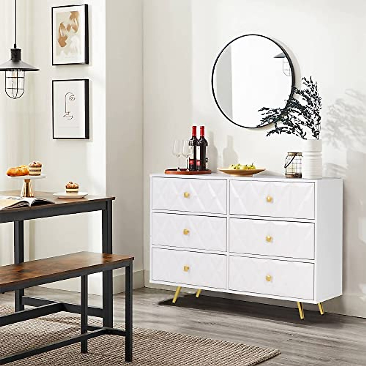 EazeHome White Dresser, 6 Drawers Dresser with Wide Double Drawer, Chest of Drawers Large Storage Cabinet for Bedroom, Living Room, Entryway, Hallway