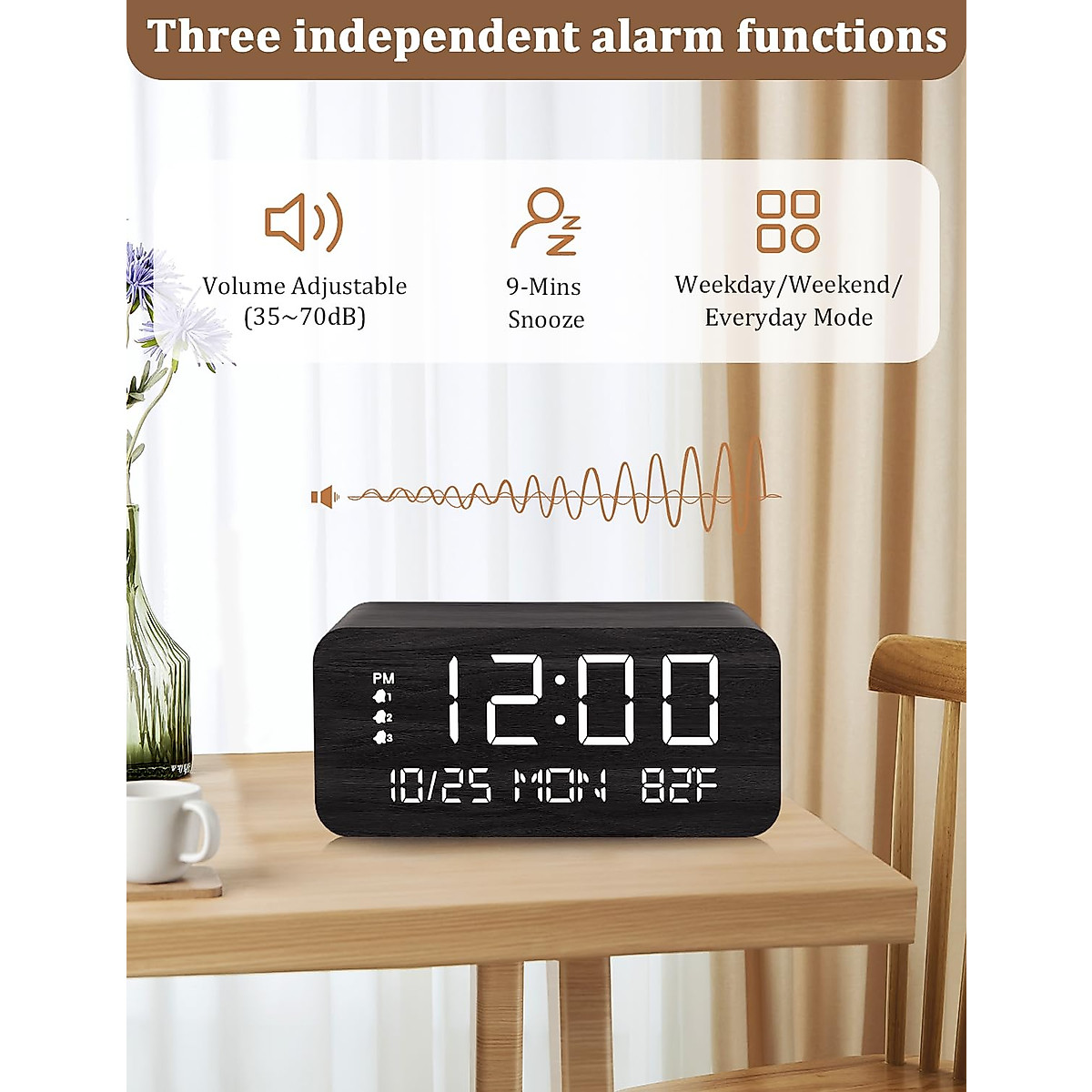 Digital Alarm Clock, with Wooden Electronic LED Time Display, 3 Alarm Settings, 10W Wireless charging, Day of the week, Temperature Detect, Wood Made Digital Clocks for Office, Bedroom, Bedside, Black