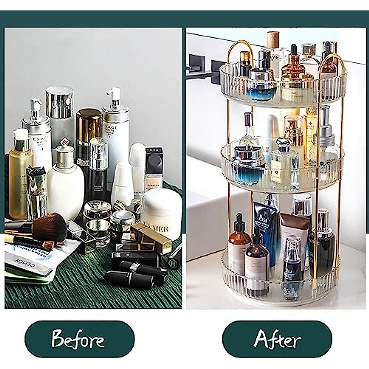 GYLBF 360°Rotating Makeup Organizer for Vanity 3 Tier, Bathroom Counter Organizer, Large Capacity Cosmetics Storage Vanity Shelf, Cosmetics Organizer for Perfume, Lotions Skin Care (White)