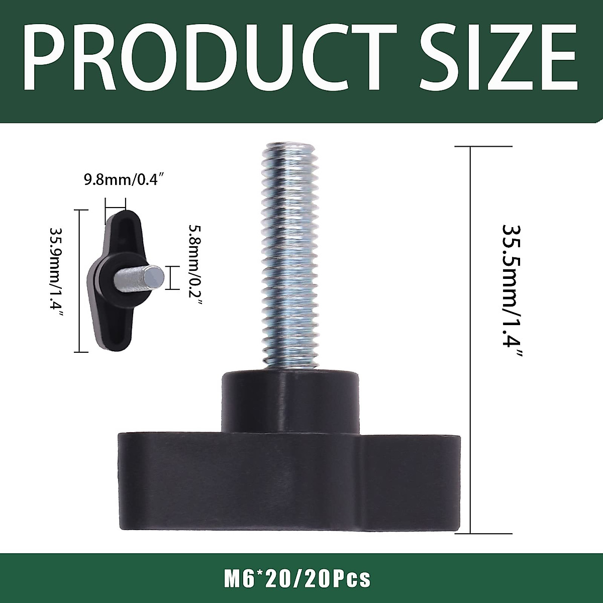 Keadic 20 Pcs M6x20 Clamping Screw Knob Thumb Screws, Carbon Steel 36# Threaded Knurled Thumbscrew Screw on Tee Wing Plastic Knob (1/4”x 25/32”)