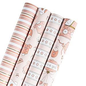 WRAPAHOLIC Baby Girl Wrapping Paper Roll - Cute Hobbyhorse and Baby Clothes Design Perfect for Celebration, Party, Baby Shower Present Packing - 4 Rolls - 30 inch X 120 inch Per Roll