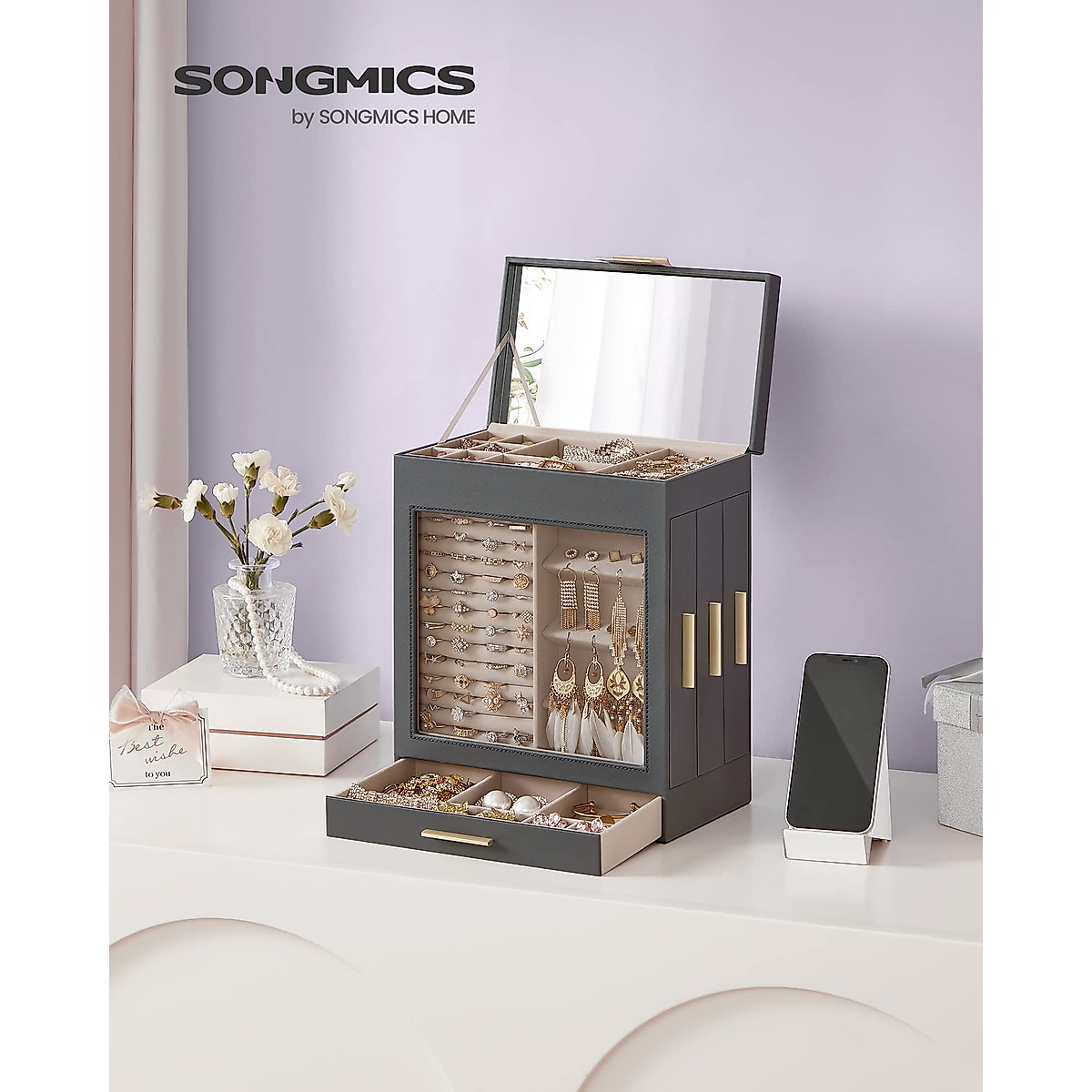 SONGMICS Jewelry Box with Glass Window, 5-Layer Jewelry Organizer with 3 Side Drawers, Jewelry Storage, with Big Mirror, Modern, 6.1 x 10.3 x 12.6 Inches, Slate Gray and Metallic Gold UJBC162G01