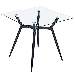 Knocbel Modern Square Glass Dining Table with Metal Legs, 177lbs Weight Capacity, 31.5" L x 31.5" W x 29.5" H (Clear and Black)