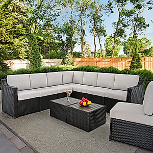 HAPPATIO 10 Piece Patio Conversation Set,All-Weather Patio Furniture Set with Multiple Configuration Options,Rattan Wicker Outdoor Sectional Sofa with Thick Cushions. Easy Setup. (Brown/Gray)