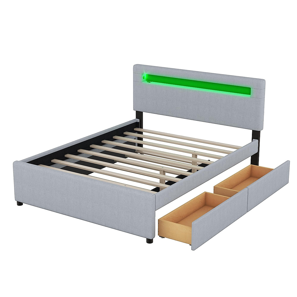 BOVZA Queen Size Upholstered Platform Bed with 2 Storage Drawers and Twin Trundle, LED Lights and USB Charging, Linen Queen Bed Frame with Headboard and Wood Slat Support, Gray