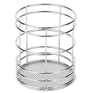 AUNMAS Desktop Pencil Holder, Stainless Steel Hollow Round Makeup Cup Basket Chopsticks Storage Stand Knife Forks Holder Organizer Container, Multifunctional Household Tool, Sliver