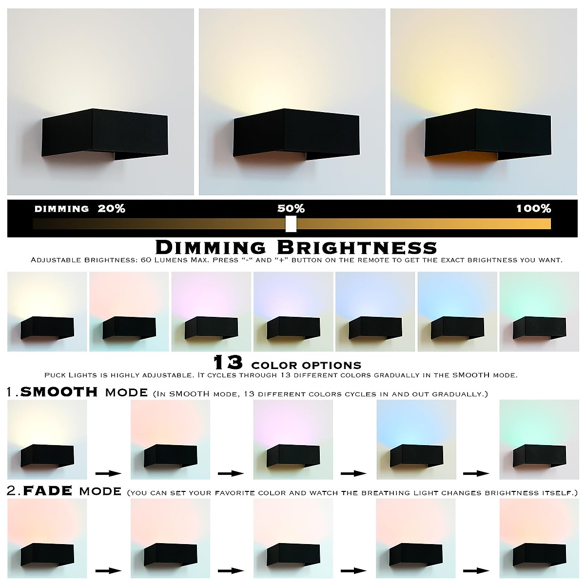 HEQIQEH Set of 2 Modern Style Battery Operated RGB Sconces, Indoor Up and Down LED Wall Lamp with Remote Control, Black Metal Dimmable Cordless Wall Lighting Fixtures for Corridor, Hallway, Galleries