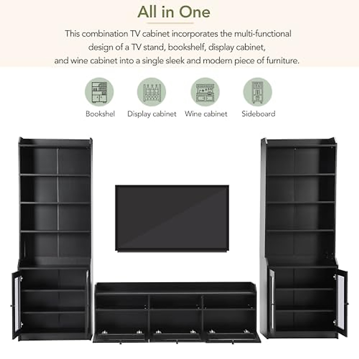P PURLOVE Entertainment Wall Unit with Tall Cabinets, Modern TV Console Table for TVs Up to 65" with Acrylic Board Door, Multifunctional TV Stand Set for Living Room (Black)