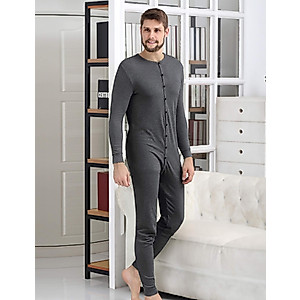 COLORFULLEAF Men's Cotton Thermal Underwear Henley Union Suits Onesies Base Layer (Dark Grey, M)