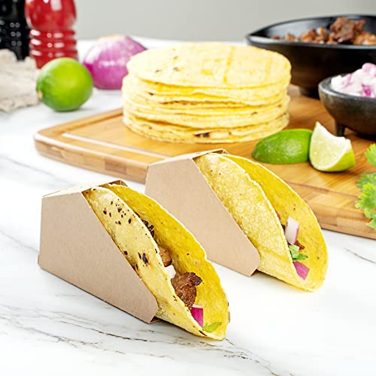 Restaurantware Bio Tek Kraft Paper Small Taco Holder - Greaseproof - 4" x 1 1/4" x 2 1/4" - 200 count box