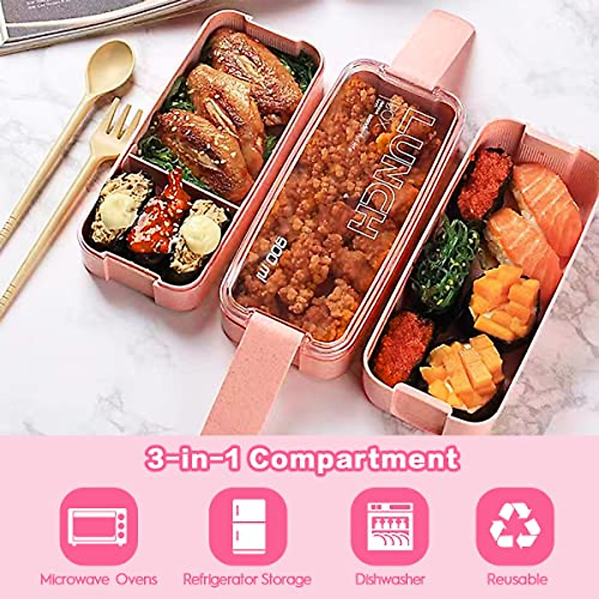 jijoe 27 PCs Bento Box Lunch Box Kit, Stackable 3-in-1 Compartment Japanese Lunch Box Set w/Soup Cup Sauce Can, Spoon Fork, Cake Cups, Fruit Picks, Snack Bags, Leakproof Lunch Containers