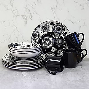 16 Pieces Dinnerware Set, Stoneware, plates and bowls sets, Service for 4, Porcelain, Decorated Mod Dot Black, Microwave Dishwasher Safe, Chip Resistant, for everyday casual kitchen and formal dinner