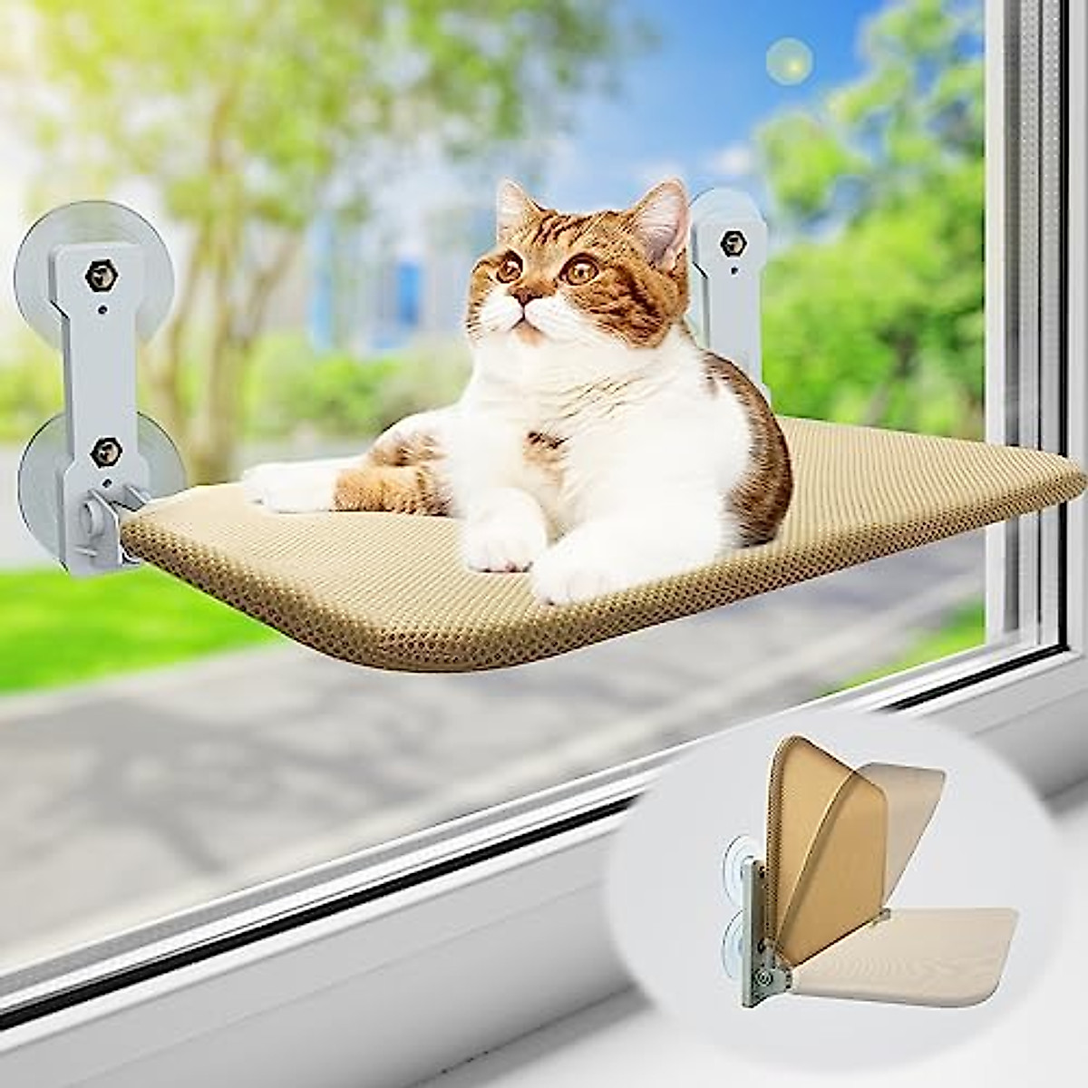 Foldable Cat Window Perch, Cordless Cat Window Hammock with 4 Strong Suction Cups, Window Cat Beds for Indoor Cats Inside, Large Cats Window Seat Windowsill Safety with Sturdy Metal Frame Soft Cover