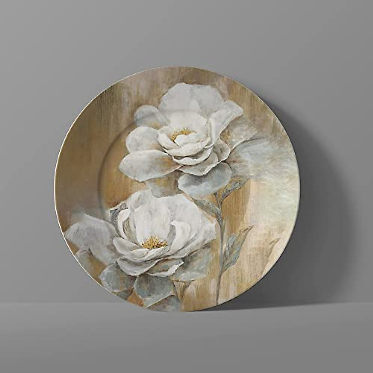 White and Gold Painting Decorative Plate Festival Gift Round Ceramic Plate for Living Room Bedroom Hallway Console Side Table Decor - 7 inches