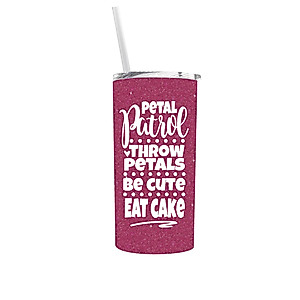 Petal Patrol Flower Girl Tumbler, 16 oz Stainless Steel Travel Mug with Lid and Straw, Pink Shimmer, Insulated for Hot and Cold Beverages, Ideal Wedding Day Gift for Girls, Includes Sippable Lid 0264