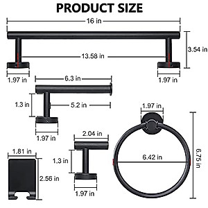 8-Piece Bathroom Hardware Accessories Set: Matte Black Stainless Steel Wall Mount Kit Include 16" Hand Towel Bar | Towel Ring | Toilet Paper Holder | Razor Holder | 4 Robe Towel Hooks