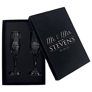 My Personal Memories, Set of 2 Mr and Mrs Personalized Champagne Wedding Toasting Flute Glasses - Engraved, Etched, Monogrammed, Customized