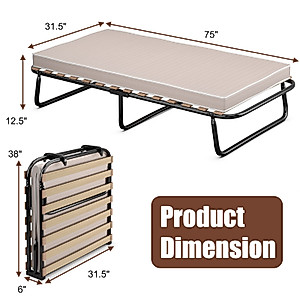GORELAX Rollaway Folding Bed with Mattress for Adults, Cot Size Small Single Portable Bed Set w/Metal Bed Frame & Wood Slats, Foldable Hideaway Bed Cot w/Memory Foam Mattress, Fold up Guest Bed