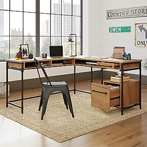 Sauder Iron City Engineered Wood L-Desk in Checked Oak Finish
