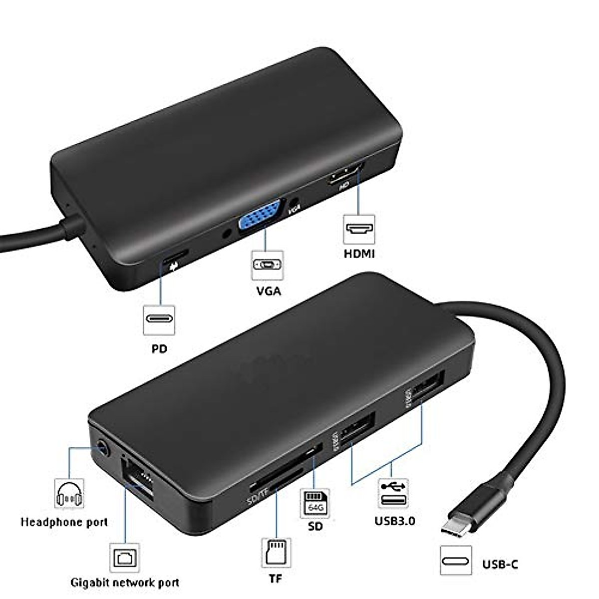 XUNMAIFHB Portable Docking Station,9-in-1 Type-c Docking Station to 4K HDMI+VGA+2USB3.0+Audio+PD+SD/TF+RJ45 Multi-Function hub Fast Transmission