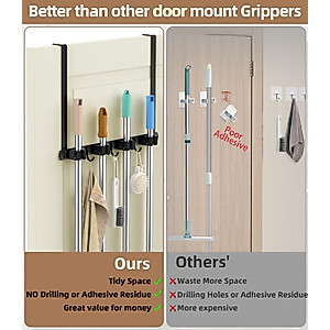 PrimZooty Broom Holder Over The Door - 304 Stainless Steel Mop and Broom Holder Wall Mounted or Hanging Over The Door with Hooks - Broom Hanger, Broom Storage Tool Organizer for Garage Closet Laundry