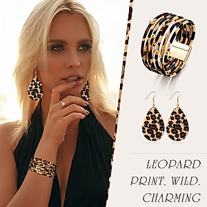 Junkin 3 Pieces Bohemia Leopard Jewelry Set Multilayer Leather Cuff Bracelet Leopard Print Earrings Leopard Print Necklace Collar Bib for Women