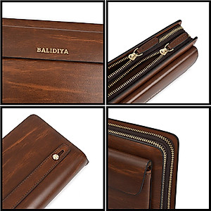 Balidiya Men Clutch Purse Bag Leather Wallet Card Holder Business 2 Zipper Brown