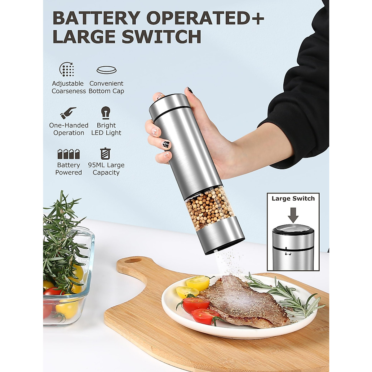 innhom Electric Salt and Pepper Grinder Set Battery Operated Stainless Steel Salt Grinder Pepper Mill Automatic Salt and Pepper Grinder Set with Adjustable Coarseness